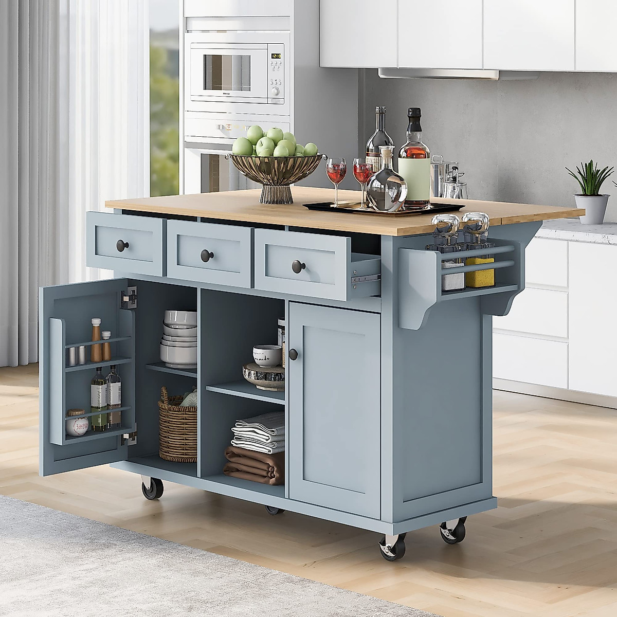 MACHOME 53.10" Kitchen Cart on 5 Wheels with Storage Cabinet, Mobile Kitchen Island with Rubberwood Drop-Leaf Countertop, Cabinet Door Internal Storage Racks with 3 Drawers for Dinning Room,Grey Blue