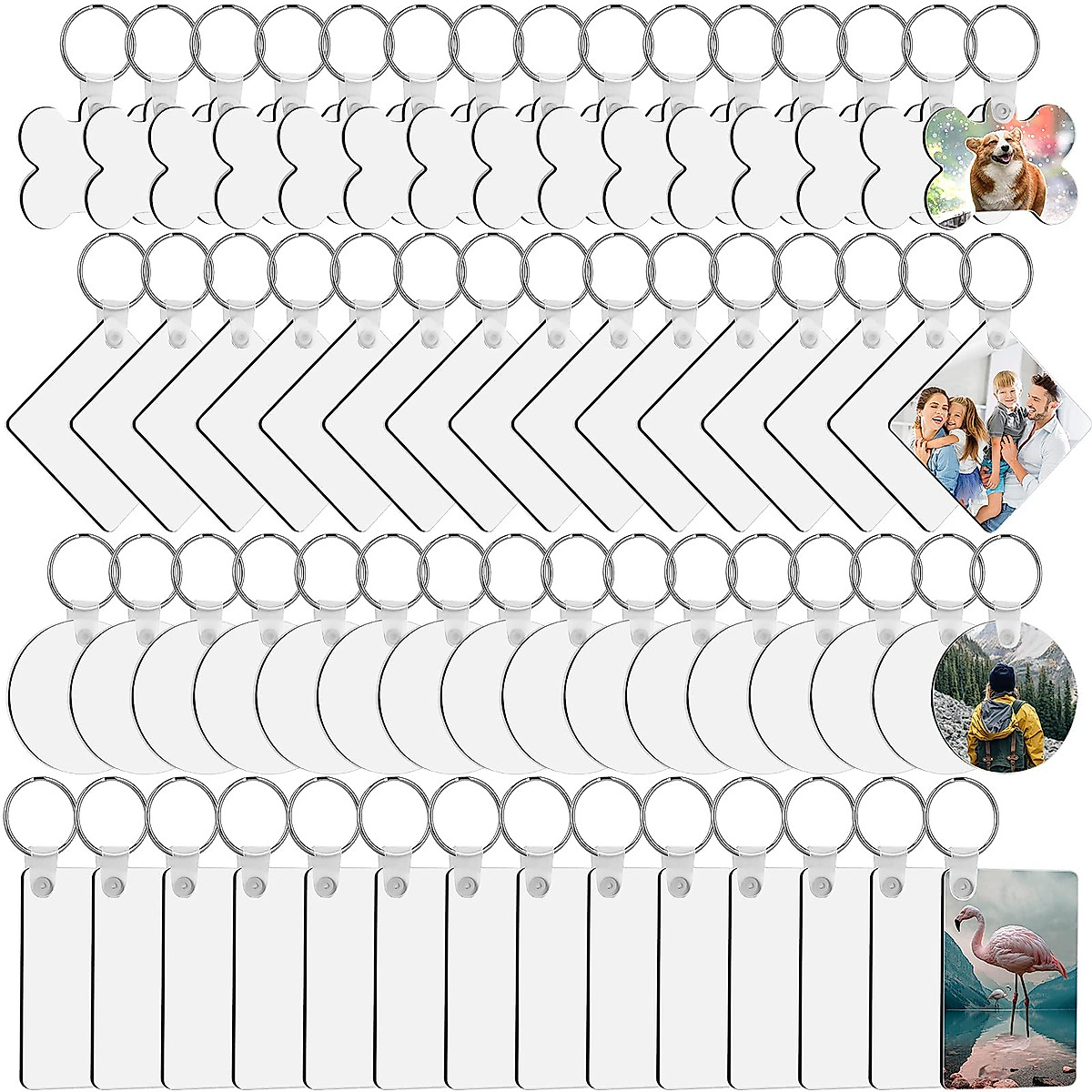 120Pcs Sublimation Keychain Blanks Bulk, DIY MDF Blanks Keychain with Keyrings, 4 Shape Sublimation Blank Keychain, Double-Sided Printed Heat Transfer Keychain