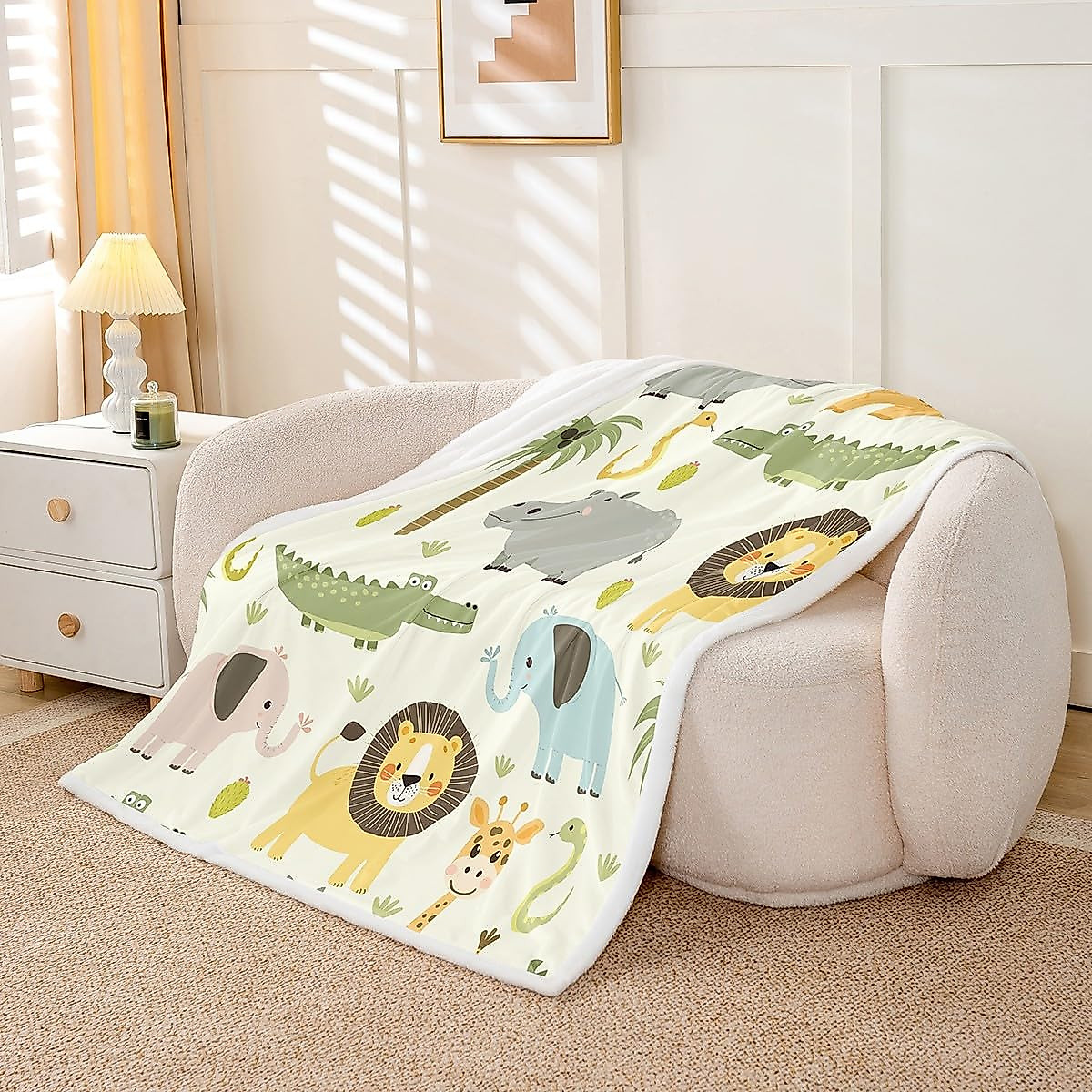 Nursery Cute Wild Animals Fleece Throw Blanket for Girls Boys Kids Cartoon Lion Giraffe Crocodile Plush Blanket Decor Nature Wildlife Sherpa Blanket Zoo Animal Theme Fuzzy Blanket Twin 60x80 Inch