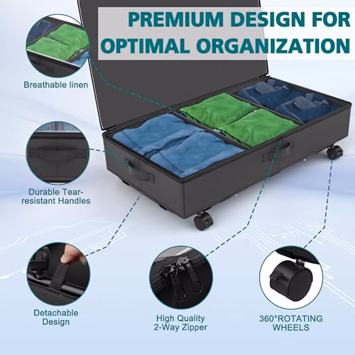JIYINGDUO Upgraded Under Bed Storage with Wheels 2-in-1 Underbed Storage Bins Containers Label Shoe Storage Organizer Drawer Bag Solid Fabric for Bedroom Clothes Shoe Blanket (double black)