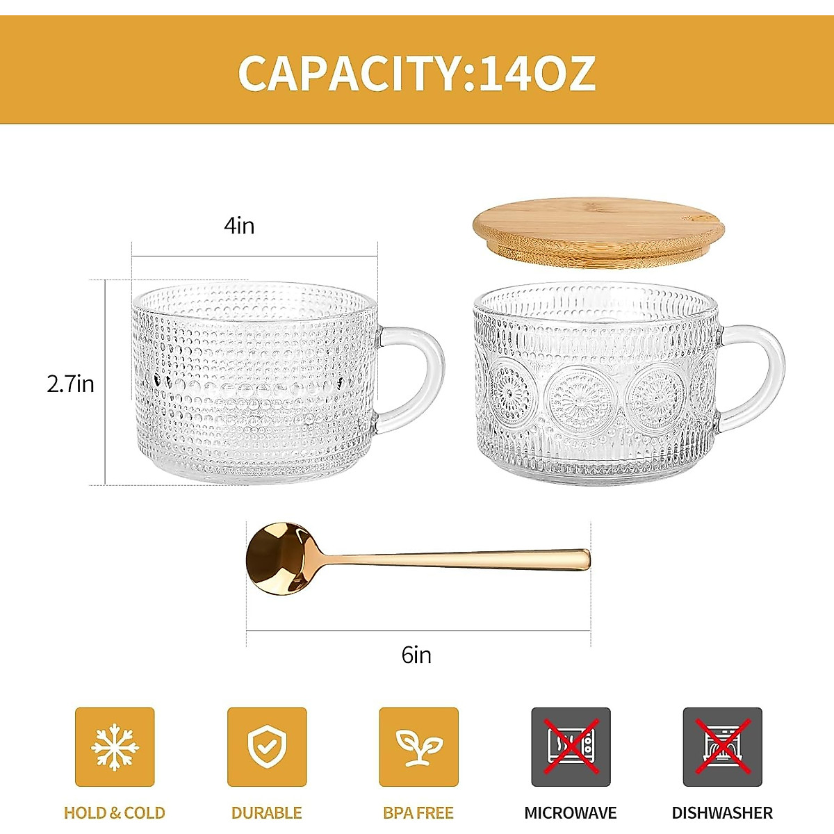 Bupto 4pcs Set Vintage Coffee Mug, Clear Patterned Glass With Handle, Bamboo Lid and Spoon -14 oz. Ideal for Latte, Milk, Overnight Oatmeal Yogurt Glass Teacups, Glassware Gifts(4 set)