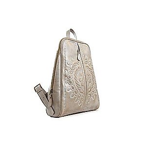 Santiago Sebastian Leathers Ladies Backpack Purse for Women, Genuine Leather, Hand tooled handbag, off white color