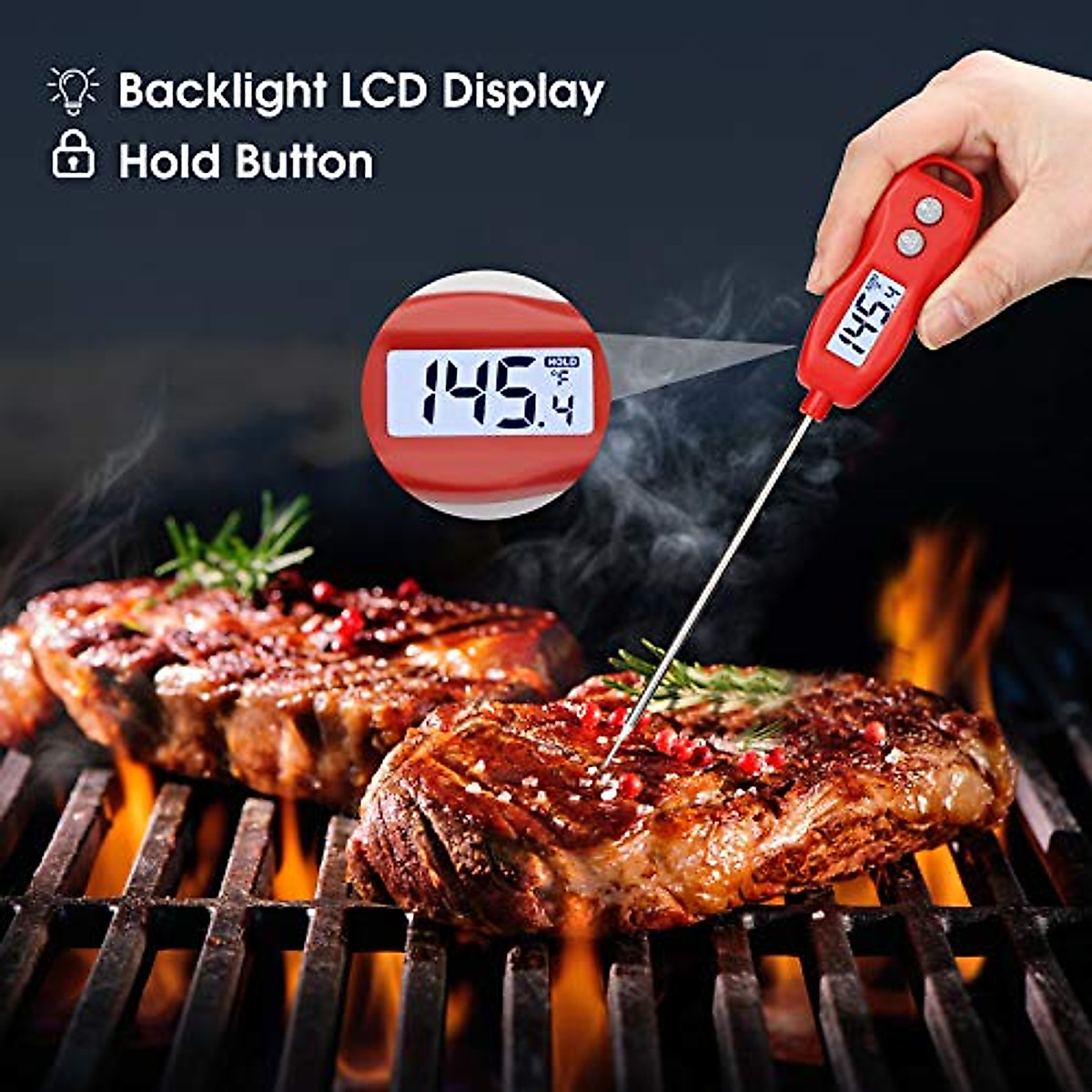 Digital Kitchen Food Meat Thermometer - AIMILAR AY6001-R1 Instant Read Cooking Meat Thermometers for Cooking and Grilling with Backlight Waterproof Magnetic for Grill Oven BBQ Smoker Turkey Water