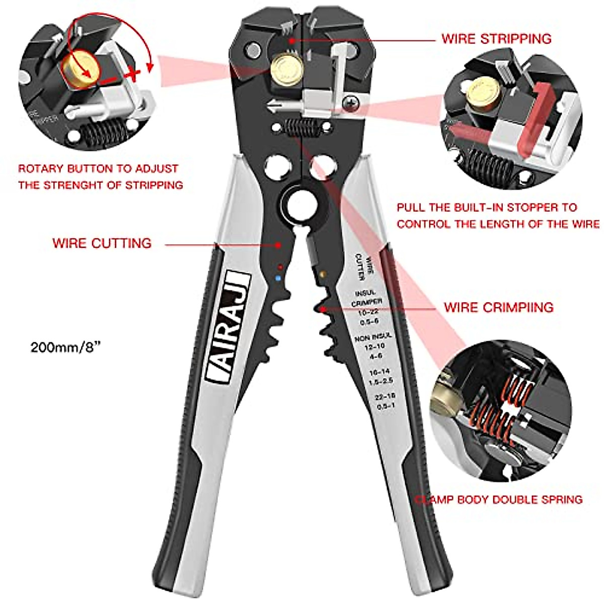 AIRAJ PRO Self Adjusting Wire Stripper,3 in 1 Heavy Duty Wire Cutter Stripper Crimper Tool,Universal Wire Stripping Cutting for 10-24 AWG Wire Cutter for Electrical Cable Cutting,Crimping Tool