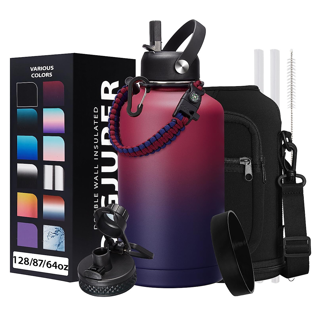 DIGJUPER 64OZ Vacuum Insulated Water Bottle - Keep Hot Cold Vacuum Flasks with Straw & Spout Lids, Paracord Handle, Water Bottler Carrier Holder & Protective Cup Mat, 1.8L Stainless Steel Water Jug