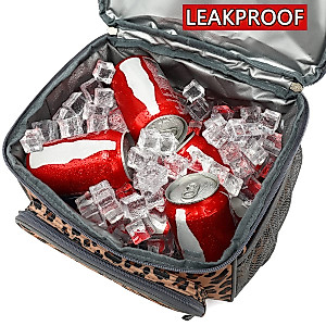 FlowFly Double Layer Cooler Insulated Lunch Bag Adult Lunch Box Large Tote Bag for Men, Women, With Adjustable Strap,Front Pocket and Dual Large Mesh Side Pockets,Leopard