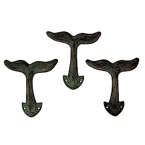 Rustic Green Patina Cast Iron Whale Tail Wall Hooks, 4 1/2 Inches, Set of 3