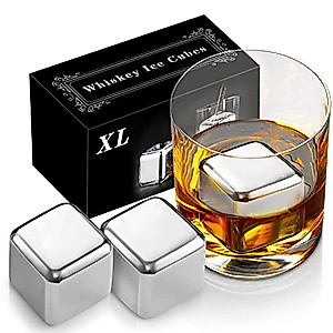 2 Large Whiskey Stones 64 cm³ (4 cu in) - Man Gift Set - Reusable Stainless Steel Metal Ice Sphere Cubes Beverage Chilling Rocks Whiskey Stones for Red Wine, Bar Beer, Scotch, Vodka Drinks - Silver