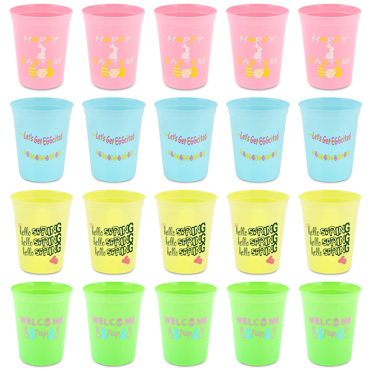Ainibar Easter Disposable Plastic Party Cups - 20 Pack Reusable Tumblers, 16oz Plastic Stadium Cups, 4 Festive Drinking Pun Designs, Perfect for Easter Day Party Supplies