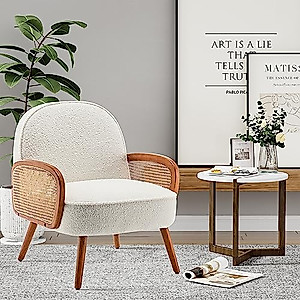 SHINEBOOM Accent Chairs Rattan Comfy Upholstered Modern Arm Chair for Living Room Reading Bedroom Balcony Sherpa Plush Chair, White
