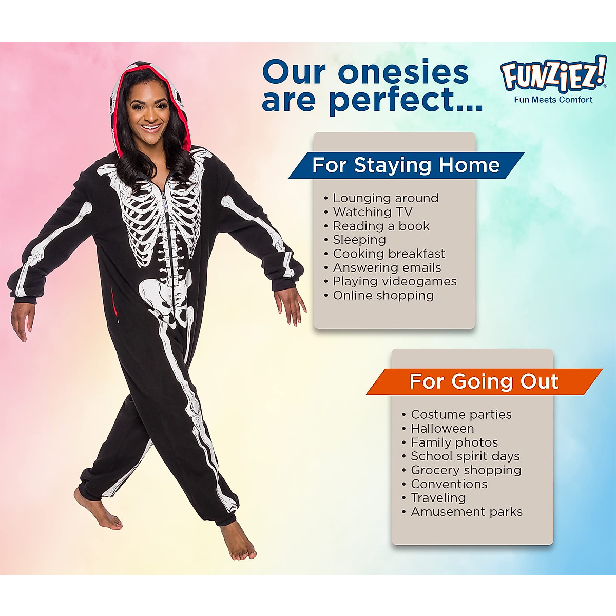 Funziez! Glow in the Dark Skeleton Adult Onesie - Halloween Costume - Plush One Piece Cosplay Suit for Adults, Women and Men