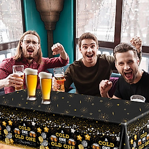 Juweked Beer Party Decorations,Black and Gold Happy Birthday Tablecloth for Men A Cold One for The Old One Plastic Tablecloth for 30th 40th 50th Birthday Cheers and Beers Party Supplies