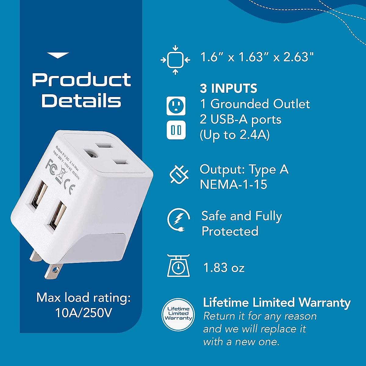Ceptics Japan, Philippines Travel Adapter Plug with Dual USB - Usa Input - Type A - Ultra Compact (CTU-6) - Perfect for Cell Phones, Laptops, Camera Chargers