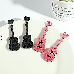 Acrylic Classical Guitar Earrings Retro Renaissance Rock Band Music Guitar Dangle Earrings Punk Style Violin Instrument Drop Earrings Hypoallergenic Lightweight Guitar Earrings for Women (Black)