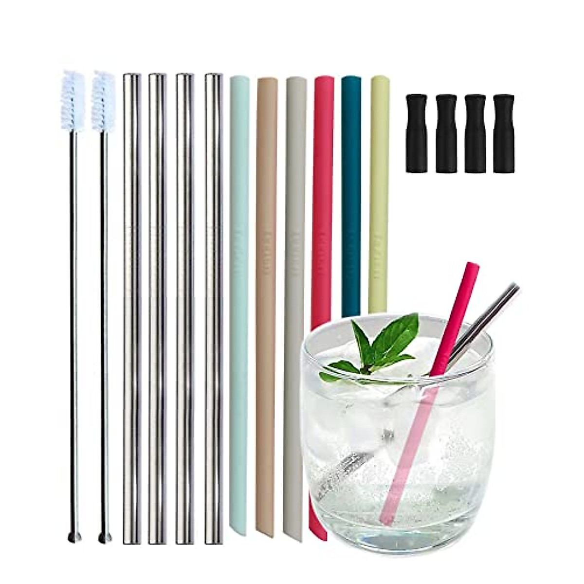 Reusable Short Small Silicone 5.5" &Metal 6" Stainless Steel Stirrer Drinking Straws Set for Coffee/Moscow Mule Mug, Cocktail lowball Glasses, Kids Toddler Baby Cup, Wine Tumbler,Bar-With Silicone Tip