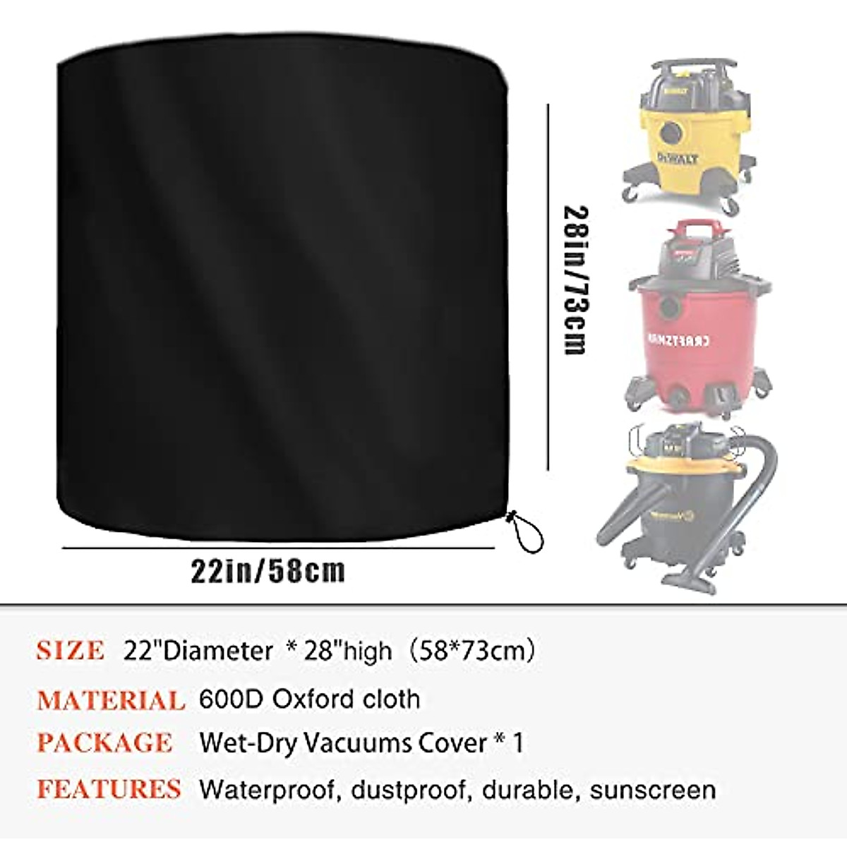 Heavy Duty Wet Dry Vacuum Cover, 22x28 inches, Black, 600D Fabric, Handle and Drawstring, Protects Against Sun, Rain, Snow