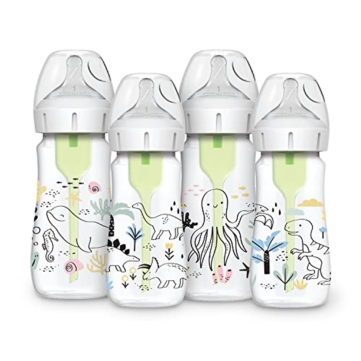 Dr. Brown’s Natural Flow® Anti-Colic Options+™ Wide-Neck Baby Bottle Designer Edition Bottles, Dinosaur and Ocean Design, 9 oz/270 mL, Level 1 Nipple, 4-Pack, 0m+