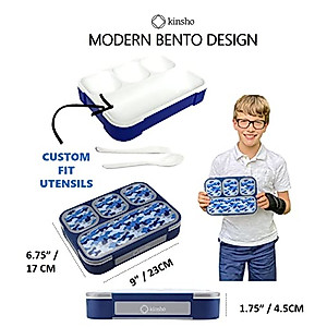 Bundle of Camo Lunch-Box for Boys 4 Compartments (Blue Camouflage) + Camo Lunch Box for Boys Kids Men with Ice Pack (Blue Black Camouflage)