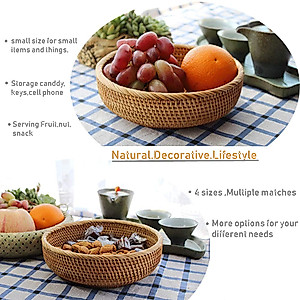 amololo Hadewoven Round Rattan Fruit Basket Wicker Food Tray Weaving Storage Holder Dinning Room Bowl, 8 Inch Small Bread Baskets Tray for Serving with Deep Wall, Brown (Small 7.48”)
