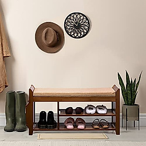 ALIMORDEN Shoe Storage Bench with Cushion Hidden Drawer and Side Holder Shoe Rack for Entryway Small Space 2-Tier Bamboo Boot Organizer Rack Cabinet Bench with Storage Brown