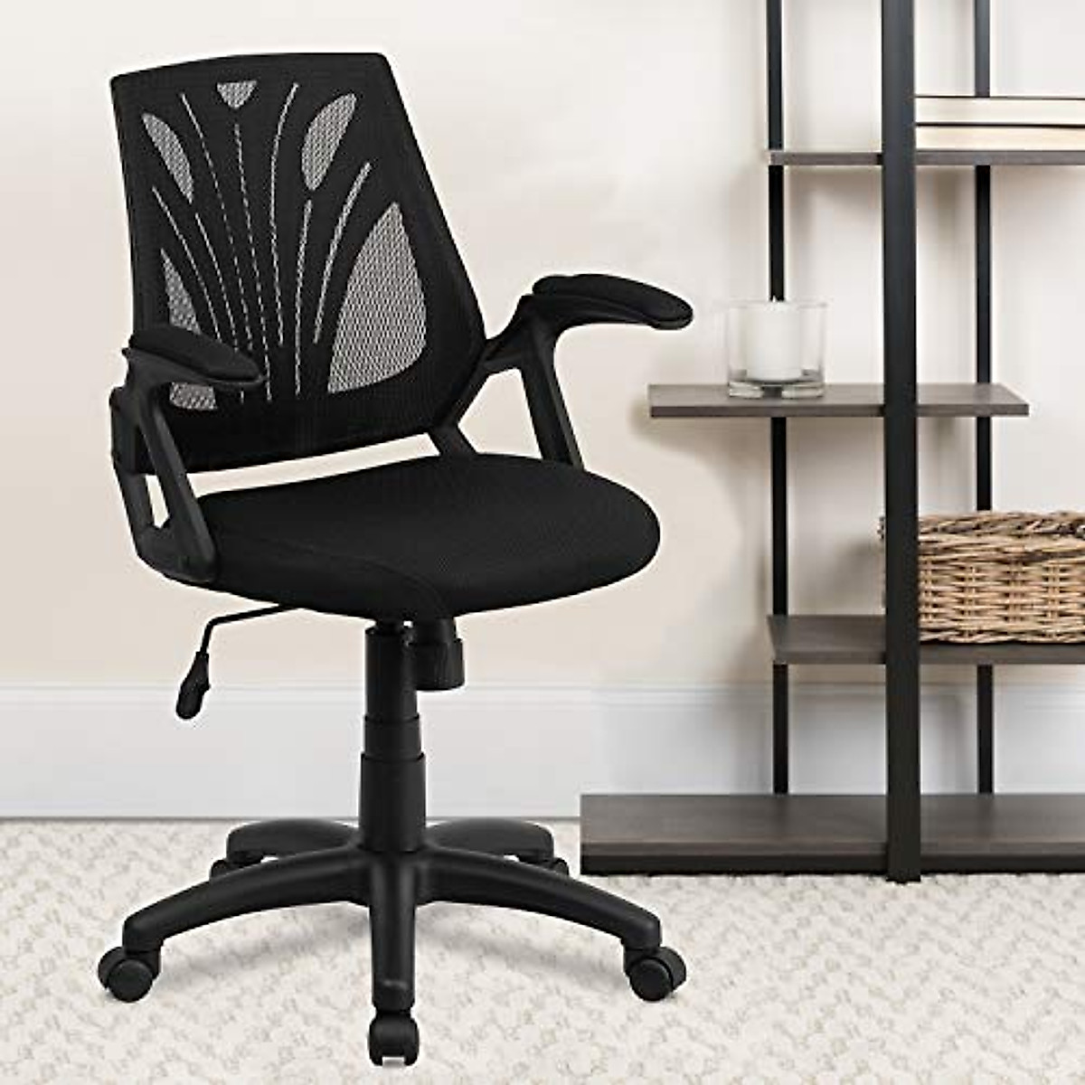 Flash Furniture Mid-Back Designer Black Mesh Swivel Task Office Chair with Open Arms