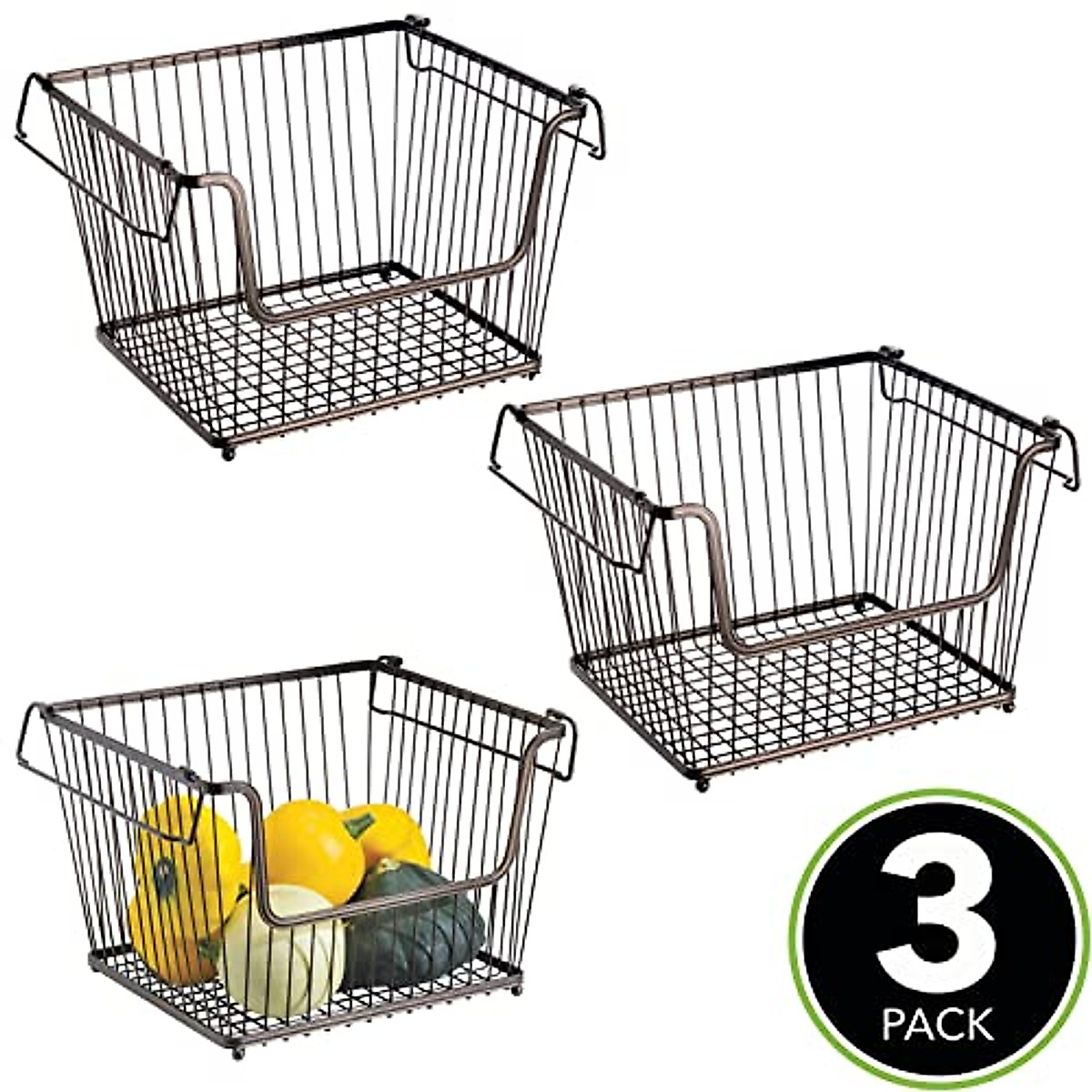 mDesign Stackable Metal Basket for Kitchen Storage - Large Wire Farmhouse Bin Basket w/Handles for Pantry - Stacking Wire Basket Organizer for Food, Drinks - Hyde Collection, 3 Pack, Bronze