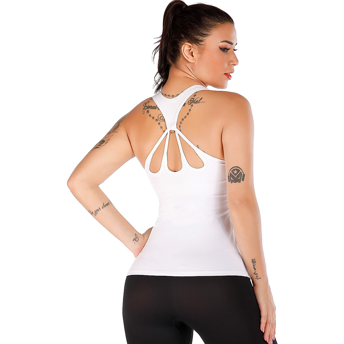 RUNNING GIRL Tank Top for Women, Workout Ribbed White Sports Bra Racerback Long Tank Tops Loose Fit Plus Size(BX2356 White, CN:L,US:M)