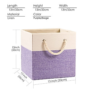 PRANDOM Large Foldable Cube Storage Bins 13x13 inch [4-Pack] Fabric Linen Storage Baskets Cubes Drawer with Cotton Handles Organizer for Shelves Nursery Closet Bedroom Purple
