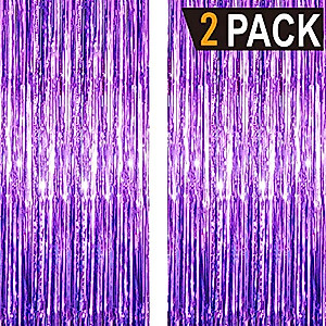 GOER 6.4 ft x 9.8 ft Metallic Tinsel Foil Fringe Curtains,Pack of 2 Party Streamer Backdrop for Birthday,Graduation Decorations and New Year Eve (Purple)