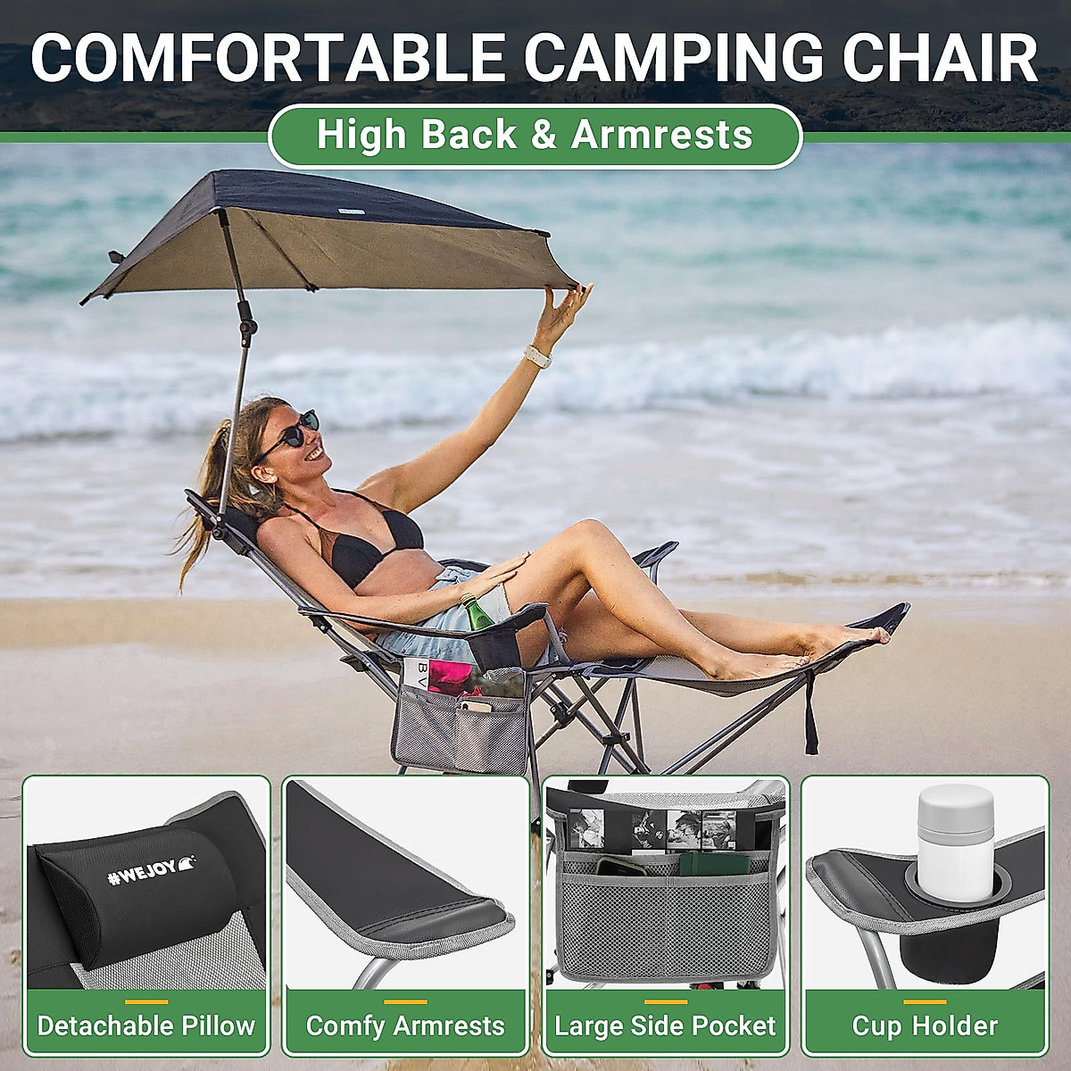 #WEJOY 2-in-1 Reclining Camping Chair with Removable Umbrella Lightweight Folding Camping Chair with Adjustable Backrest & Footrest Portable Patio Lounge Chair with Headrest, Cup Holder for Outdoor