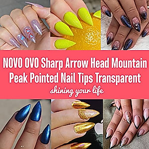 NOVO OVO 500 pcs Short Stiletto Full Cover French Manicure Nail Tips, Extra Sharp Arrow Head Mountain Peak Edge Pointy Eagle Cat Claw Fishbone Clear False Fake Nails Extension for Acrylic 10 Sizes