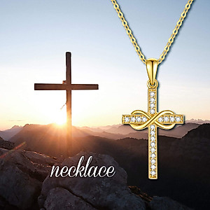 14K Gold Cross Necklace for Women, Solid Gold Infinity Cross Pendant Necklace with Cubic Zirconia for Men Friend Mum Sister Her, 16''-18'' (14K Gold)