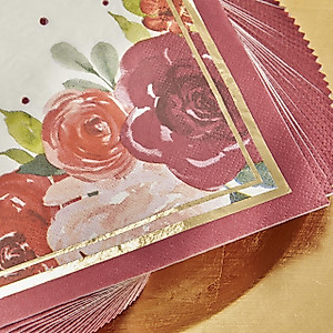 Kate Aspen Burgundy Blush Floral Paper Napkins, Thick Decorative Dinner Napkins, Luncheon Serveware, Perfect for Wedding Reception Or Bridal Shower,Gold and burgundy