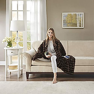 Beautyrest Duke Blanket Luxury Oversize Electric Throw Premium Soft Cozy Brushed Long Faux Fur for Bed, Couch with 3 Heat Setting Controller, Auto Shut-Off Function, Brown, 50 in x 70 in