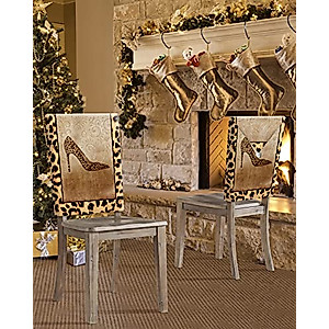 Leopard Print Christmas Chair Covers Santa Claus Hat Dining Chair Slipcover Xmas Chair Back Covers Set of 8 Banquet Party Holiday Festival Hotel Wedding Decor, Brown Animal Texture High Heels