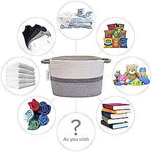 Hinwo Oval Cotton Rope Storage Basket Collapsible Nursery Storage Box Container Organizer with Handles, 13 x 10 inches, Off White and Grey
