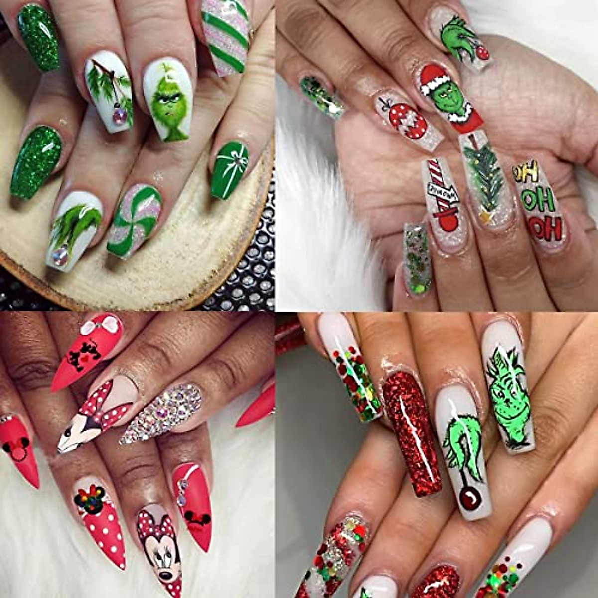 10 Sheets Christmas Nail Art Stickers 3D Nail Art Decals Green Monster Cartoon Nail Decals Self-Adhesive Design Nail Art Supplies Holiday Nail Stickers Winter Christmas Party Nail Decoration for Women