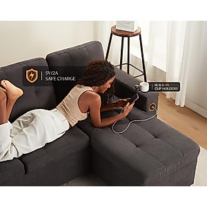 VanAcc Sofa Bed, Sleeper Sofa with USB Charging Ports, L-Shaped Couch with Storage, Pull Out Couch for Living Room, Grey Linen