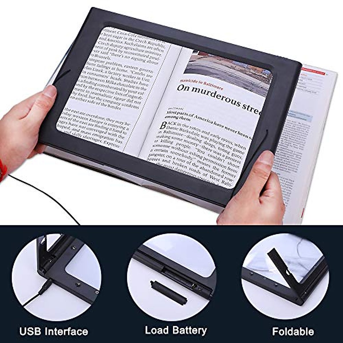 Hands-Free Magnifying Glass Large Full-Page Rectangular 3X Magnifier LED Lighted Illuminated Foldable Desktop Portable for Elder