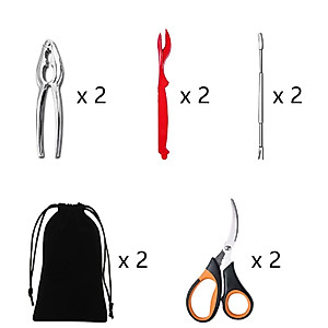 Artcome 10 Piece Seafood Tools Set - 2 Crab Crackers, 2 Lobster Shellers, 2 Crab Forks, 2 Seafood Scissors and 2 Storage Bag