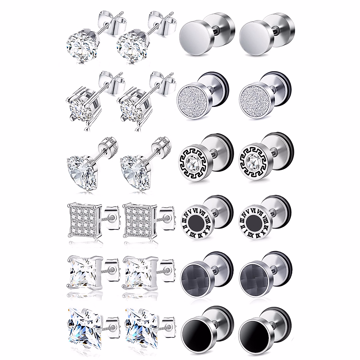 Ofeiyaa 12 Pairs Stainless Steel Stud Earrings Cubic Zirconia Cartilage Barbell Earring Set for Men Women Black Silver Tone 8mm