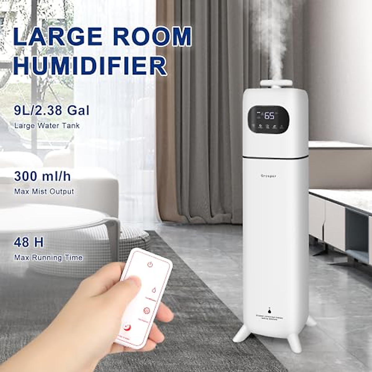 Humidifier Large Room,Humidifiers for Home,Humidifiers for Bedroom,Top Fill 9L 32DB Quiet Ultrasonic Cool Mist Humidifier for Baby Nursery Office Plants