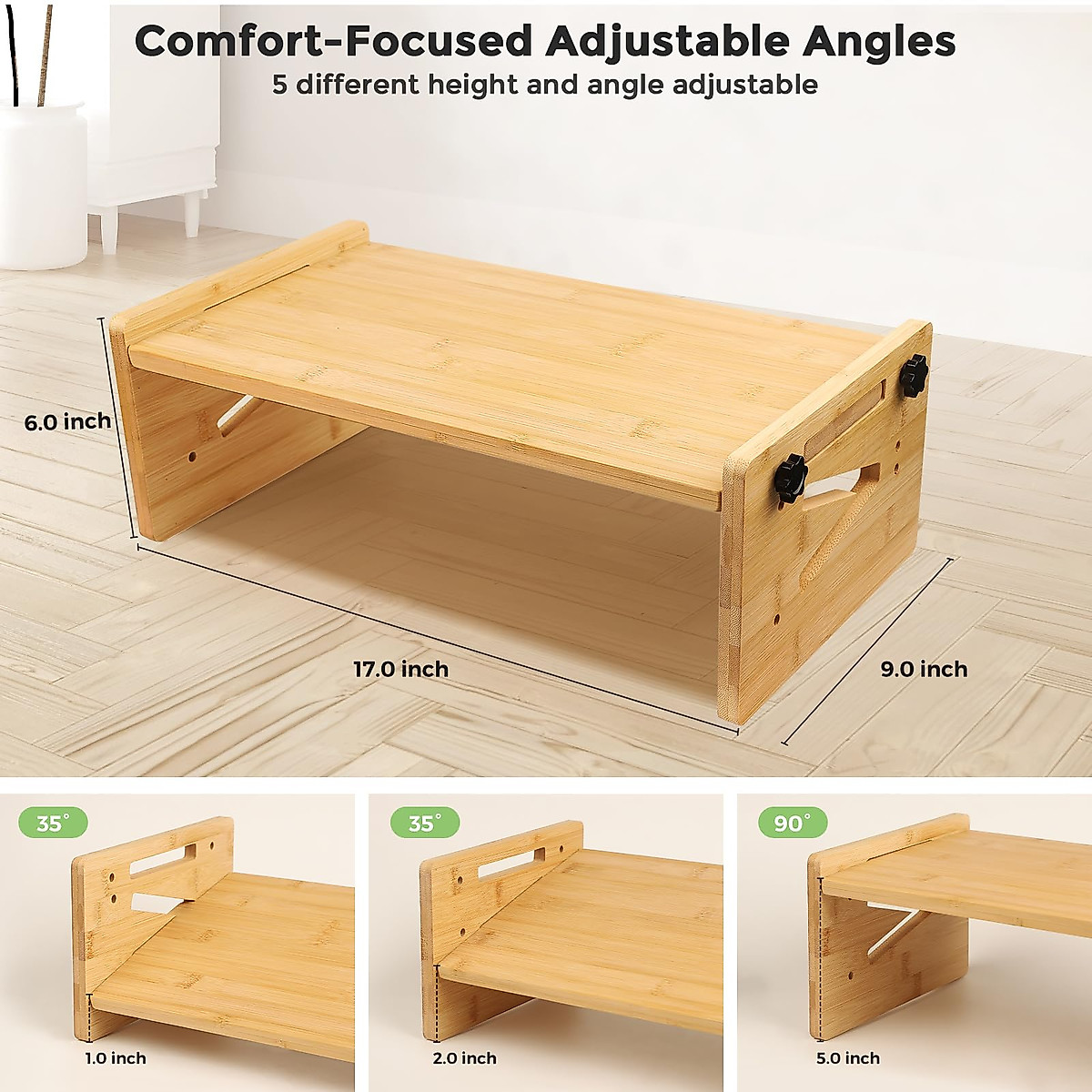 Holidi Footrest Under Desk, Bamboo Foot Rest with 3 Adjustable Height Position, Ergonomic Foot Stool Under Desk with Non-Slip Bottom, Wide Surface, Easy to Assemble, Suitable for Office Home