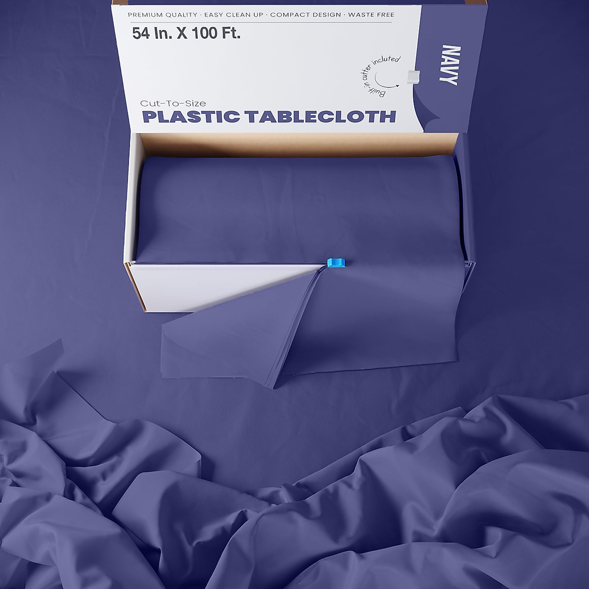 Exquisite 54 Inch X 100 Feet Navy Plastic Table Cover Roll in A Cut - to - Size Box with Convenient Slide Cutter. Cuts Up to 12 Rectangle 8 Feet Plastic Disposable Tablecloths