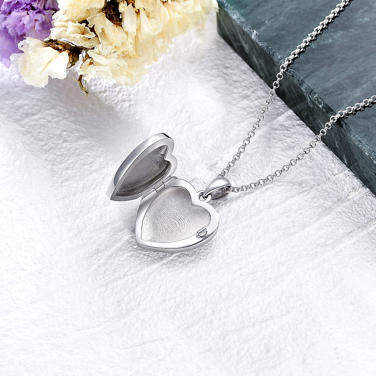 SOULMEET 10k White Gold Minimalist Style Blank Heart Locket Necklace That Holds Pictures Photo Locket Necklace, 20" Gold Plated Silver Chain (Locket only)