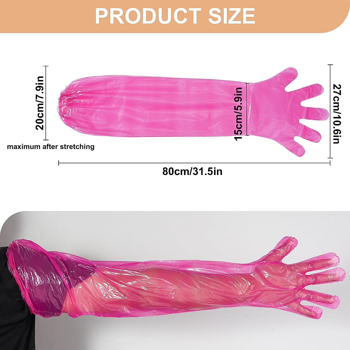 50pcs Disposable Long Plastic Gloves Full Arm Long Sleeve Gloves Veterinary Field Dressing Gloves Extra Long Sleeve Gloves for Veterinary Insemination House Cleaning Gardening（pink）