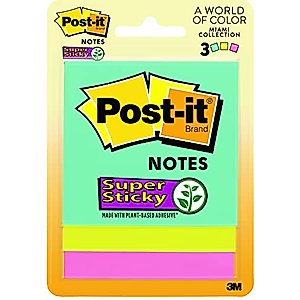 Post-it Super Sticky Notes, 3x3 in, 4 Pads, 2x the Sticking Power, Supernova Neons, Neon Colors, Recyclable(3321-SSAN-B)