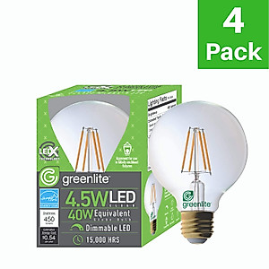 LED 4.5W G25 Clear Globe Filament Light Bulb, 40W Equivalent, 470 Lumens, 2700K Soft White, E26 Medium Base, Dimmable, 120V, Energy Star, (4 Pack)