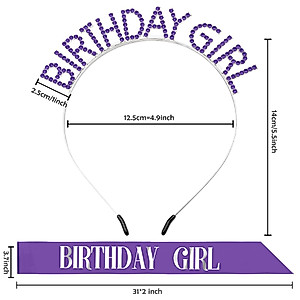 Birthday Sash Birthday Crown for Women, Birthday Girl Sash, Birthday Girl Crown, Purple Birthday Sash and Crown Rhinestone Headband Set, Happy Birthday Girl Princess Tiara Sash Accessories Gifts