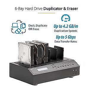 StarTech.com 6-Bay Hard Drive Duplicator/Eraser, Standalone 1:5 HDD/SSD Cloner/Copier, USB 3.0/eSATA to SATA Docking Station, Disk Sanitizer/Wiper, DOD Erasing, Cloning Toolless Device (SATDOCK5U3ER)